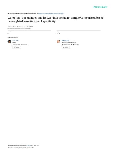Li Et Al 2013 Weighted Youden Index And Its Two Independent Samp Pdf Sensitivity And