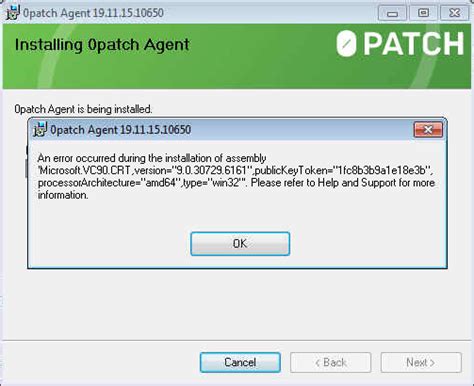 microsoft vc90 crt error during installation of 0patch agent help center