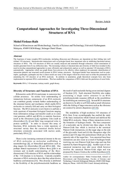 Pdf Computational Approaches For Investigating Three Dimensional Structures Of Rna