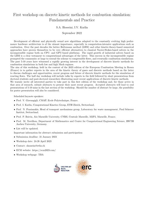 Pdf First Workshop On Discrete Kinetic Methods For Combustion Simulation Fundamentals And