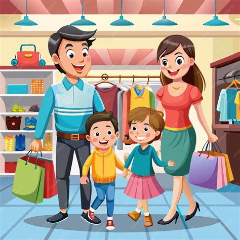 Una Familia Feliz De Cuatro Personas Comprando Juntos En Una Tienda Con