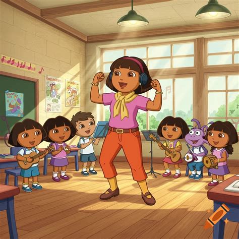 A Cartoon Of Dora The Explorer As A Music Teacher Flexing In A