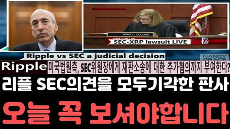 리플전망 리플 미국법원측 Sec의견을 모두 기각하며 판사가 내린 결정에 당황한sec오늘 영상은 꼭 보셔야합니다 리플전망