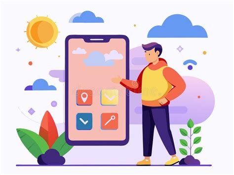 Man Presenting Mobile App Interface With Various Features Illustration