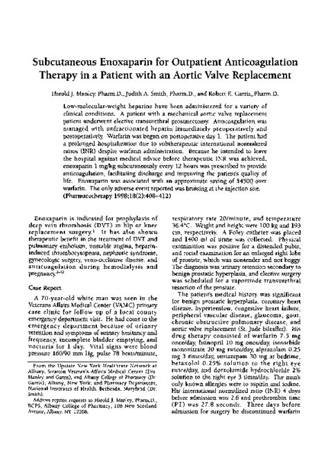 Pdf Subcutaneous Enoxaparin For Outpatient Anticoagulation Therapy In A Patient With An Aortic