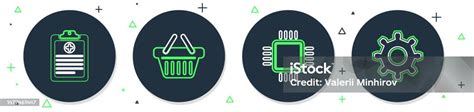 라인 쇼핑 바구니 Cpu가 있는 프로세서 임상 기록 및 톱니바퀴 기어 설정 아이콘을 설정합니다 벡터 Cpu에 대한 스톡 벡터 아트 및 기타 이미지 Istock