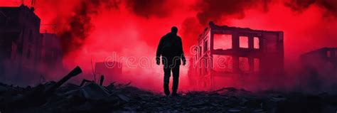 Survivor In A Crimson Wasteland A Lone Figure Walks Through A Destroyed City Shrouded In Red