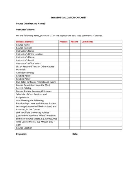 Syllabus Evaluation Checklist