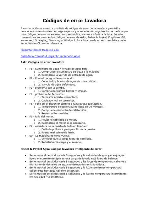 Códigos De Error Lavadora Pdf Lavadora Relé
