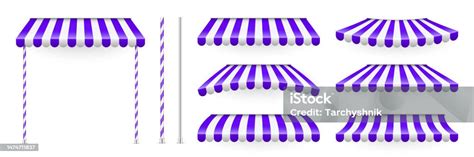 스탠드 홀더가 있는 바이올렛 상점 차양 현실적인 줄무늬 카페 차양 야외 시장 텐트 지붕 캐노피 여름 거리 상점 벡터 그림 가리기에 대한 스톡 벡터 아트 및 기타 이미지