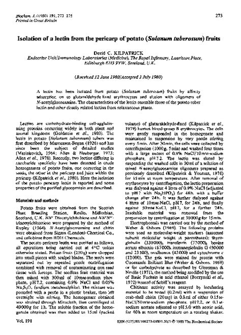 Pdf Isolation Of A Lectin From The Pericarp Of Potato Solanum Tuberosum Fruits
