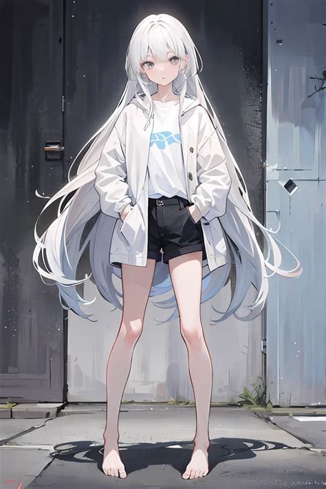 문 앞에 서 있는 길고 흰 머리를 가진 애니메이션 소녀 Seaart Ai