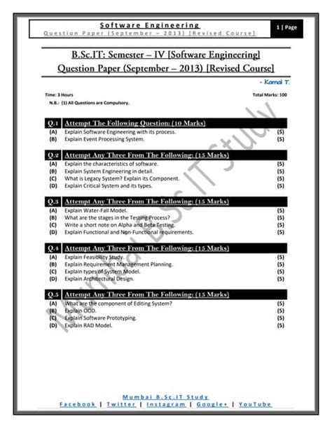 Question Paper Software Engineering Revised Course September