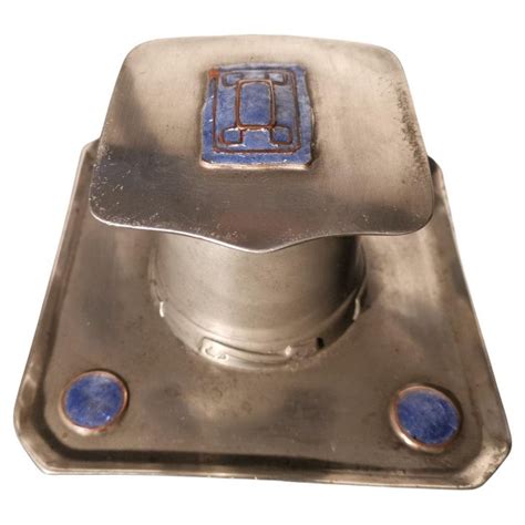 Liberty And Co Arts And Crafts Pewter Inkwell With Purple Enamel