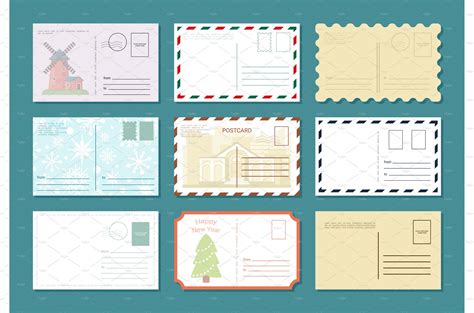 엽서 봉투 서식 파일 집합입니다 인사말 카드 우표 우편 서비스 빨간색 파란색 프레임 빠른 배달 항공 배송 세련 된 복고풍 디자인 빈 빈 그래픽 템플릿 프리미엄 벡터