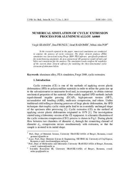 Pdf Numerical Simulation Of Cyclic Extrusion Process For Aluminum