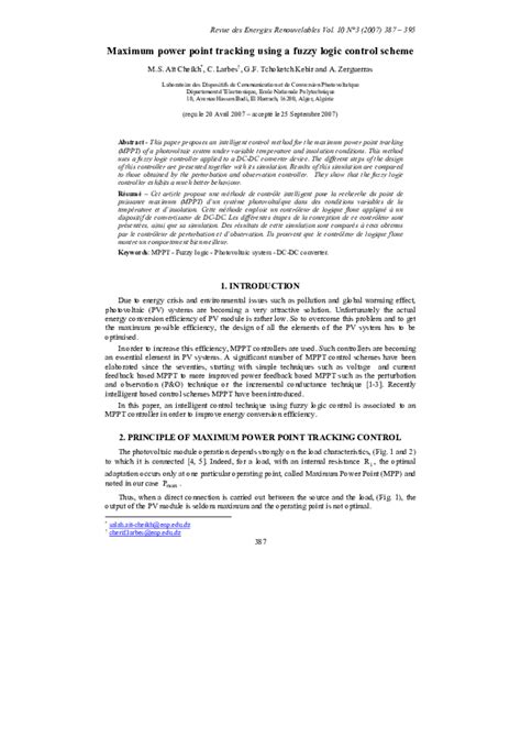 Pdf Maximum Power Point Tracking Using A Fuzzy Logic Control Scheme