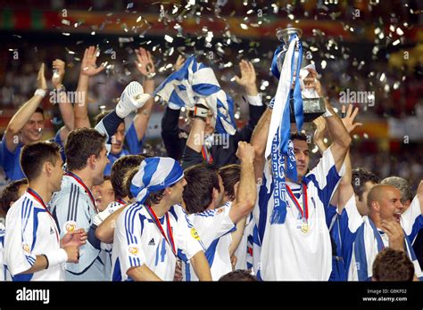 Football Euro 2004 Top Half Signage Cele Trophy Hi Res Stock