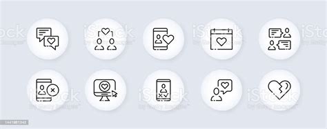 데이트 앱 설정 아이콘입니다 웹 사이트 회의 마음 느낌 사랑 버튼 커서 손가락 말풍선 커플처럼 거리 관계 개념입니다 비즈니스 및 광고에 대 한 벡터 라인 아이콘 Brand