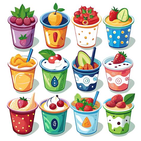 Set Of 12 Colorful Cartoon Yogurt Cups With Different Fruits And
