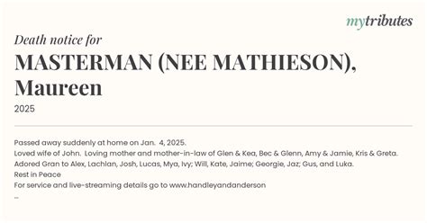 Masterman Nee Mathieson Maureen Death Notices Melbourne My