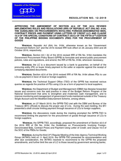 Gppb Resolution No 12 2019 Pdf Letter Of Credit Economies