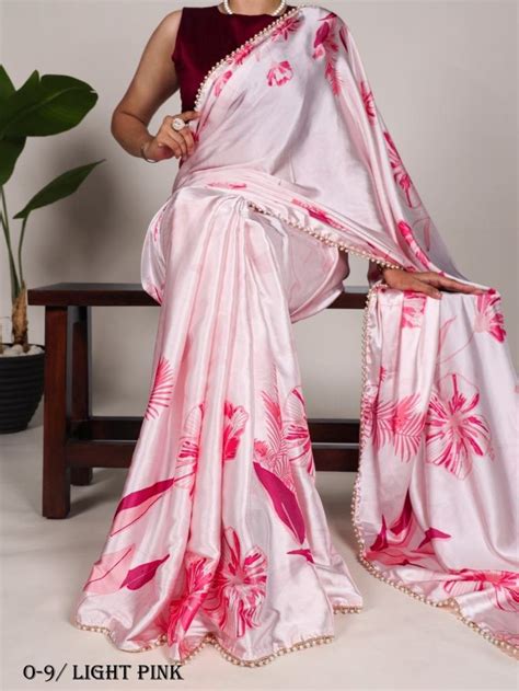 New Floral Light Pink Satin Saree With Unique Design And Colour