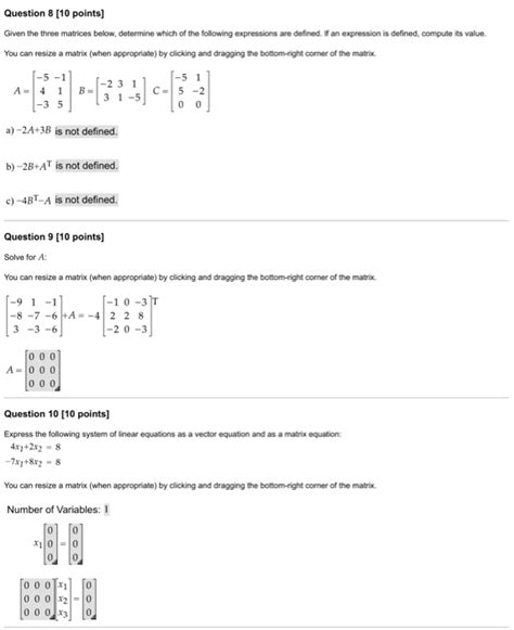 solved question 8 10 points given the three matrices