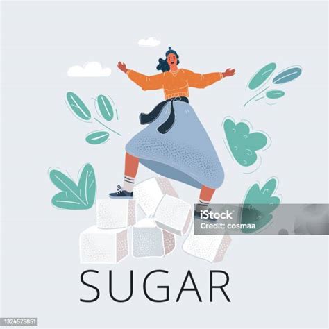 흰색 배경에 설탕 큐브에 균형 여자의 벡터 그림 너무 많은 설탕 개념 각설탕에 대한 스톡 벡터 아트 및 기타 이미지 각설탕 반란 인슐린 Istock