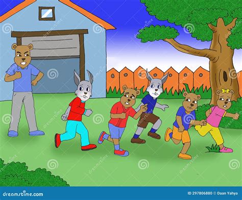 Illustration Of A Bear Cub And A Rabbit Cub Running Scared Seeing The Angry Father Bear Stock