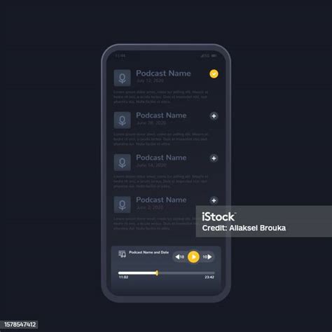 팟캐스트 앱 및 플레이어 모바일 Ui 디자인 전화 모형이 있는 벡터 인터페이스 Brand Name Smart Phone에 대한