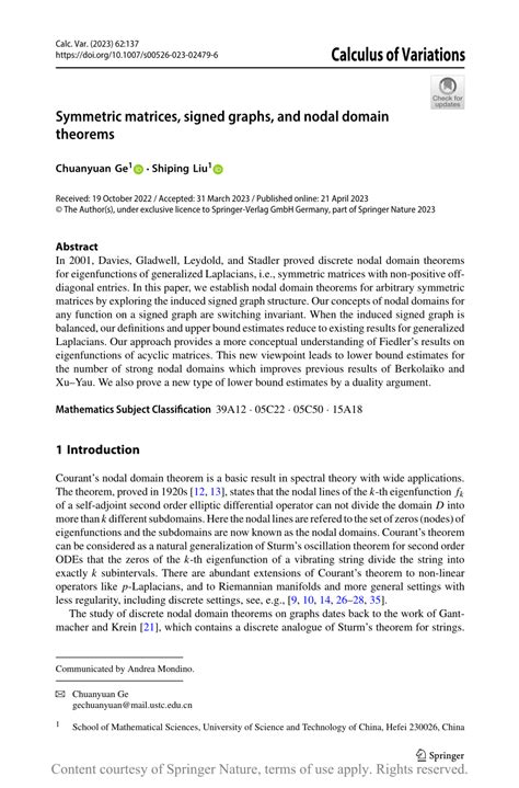 Symmetric Matrices Signed Graphs And Nodal Domain Theorems Request Pdf