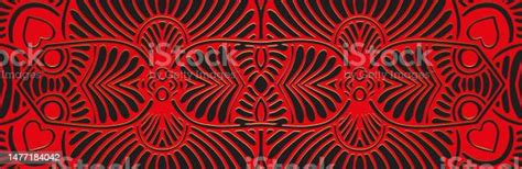 배너 표지 디자인 하트가 있는 검은색 배경에 양각된 민족 기하학적 3d 패턴 장식품은 동양 아시아 인도 멕시코 아즈텍을