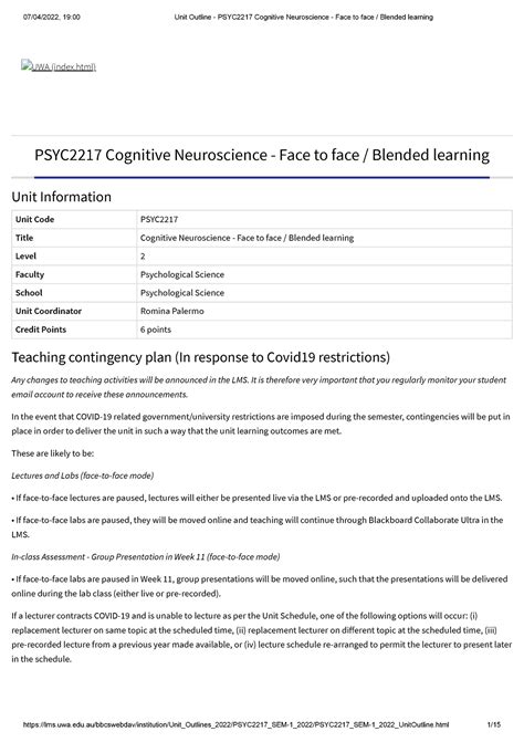 Unit Outline Psyc2217 Cognitive Neuroscience Face To Face Blended