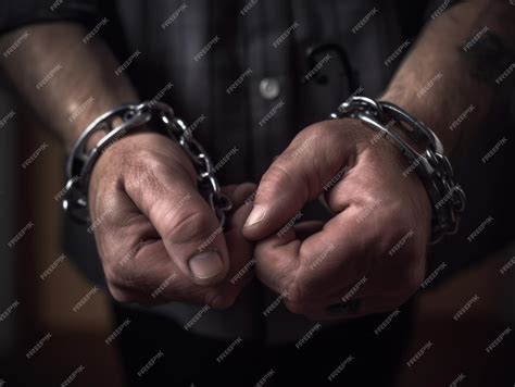 Premium Photo Closeup Of Mans Hands In Handcuffs Ai Generative