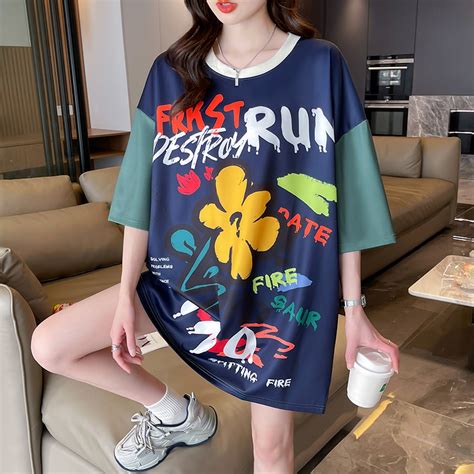 卡通印花中长款短袖t恤女2023夏季新款韩版宽松百搭大码半袖上衣虎窝淘
