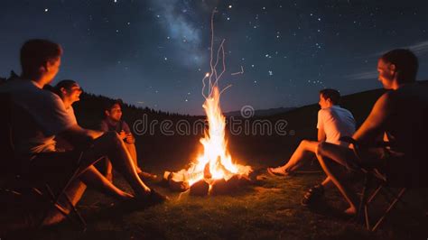 Friends Enjoying Campfire Under Starry Night Sky Stock Image Image Of