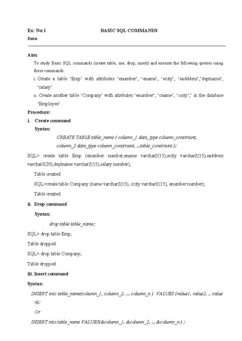 Cs1216 Relational Database Management System Lab Manuel Ex No1 Basic Sql Commands Date