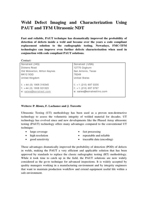 Weld Defect Imaging And Characterisation Using Paut And Tfm Ultrasonic