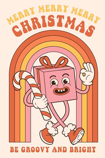 그루비 히피 메리 크리스마스와 새해 복 많이 받으세요 선물 무지개 트렌디 한 복고풍 만화 스타일의 사탕 1960 1969 년에 대한 스톡 벡터 아트 및 기타 이미지 Istock