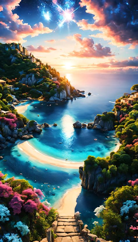 水辺へと続く階段のある美しいビーチの絵 Seaart Ai