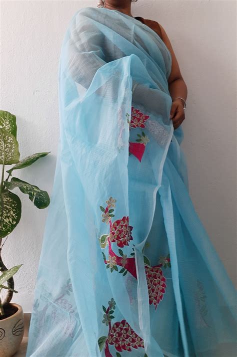 Cotton Kota Doria Saree Crystal Blue Color Embroidered With Running