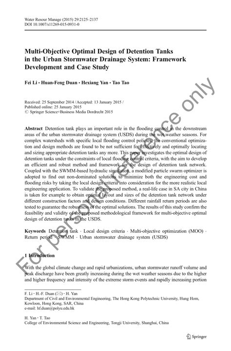 Pdf Multi Objective Optimal Design Of Detention Tanks In The Urban Stormwater Drainage System