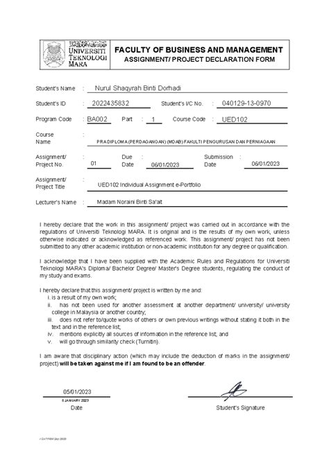Assignment Declaration Form Sat Fbm Sep 2020 Faculty Of Business And Management Assignment