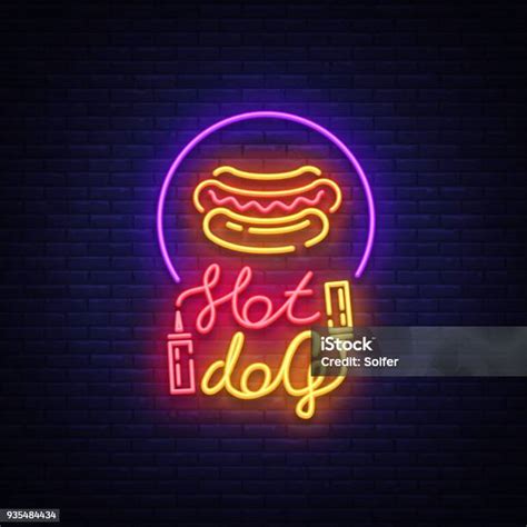 네온 스타일 디자인 서식 파일에서 핫 개입니다 핫도그 네온 간판 라이트 배너 네온 기호 패스트 푸드 엠 블 럼 미국 음식 밝은 밤 광고 벡터 일러스트 레이 션 전기 연료 및