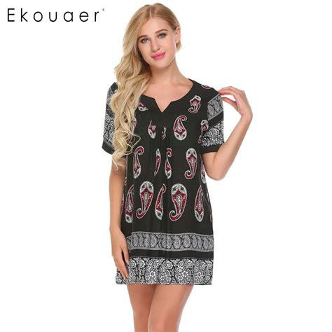 Ekouaer Women Night Gown Vintage Style Retro Short Sleeve V Neck
