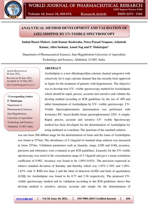 Pdf Analytical Method Development And Validation Of Azelnidipine By Uv Visible Spectroscopy