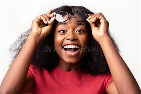 Great Offer Surprised Black Woman Taking Off Glasses In Amazement