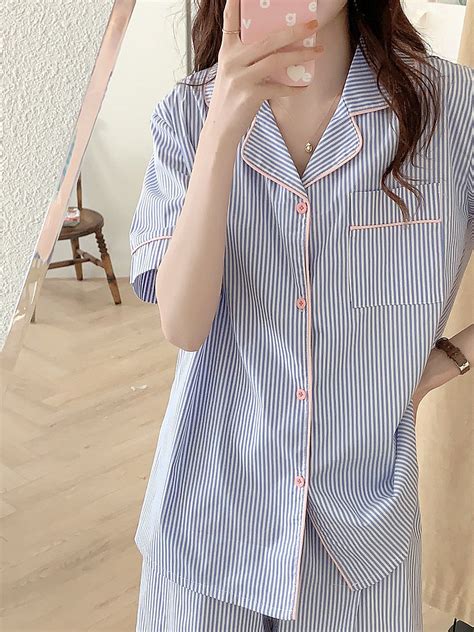 믹스 파스텔 스트라이프 줄무늬 여자 여름 반팔 반바지 잠옷 파자마 세트