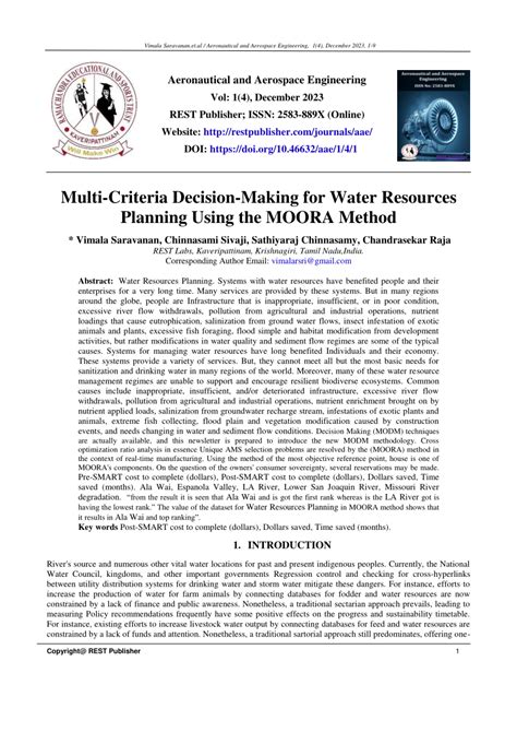 Pdf Multi Criteria Decision Making For Water Resources Planning Using The Moora Method